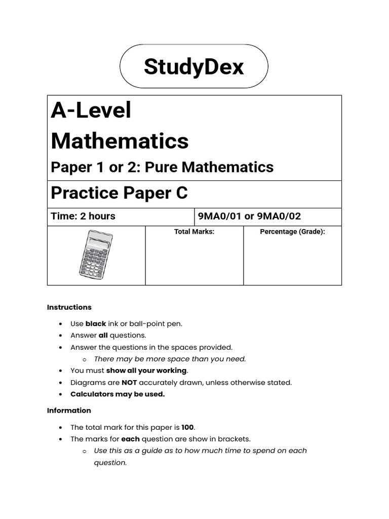 Practice Paper C - Pure Mathematics (A-Level Maths 9MA0) | PDF | Equations | Pi