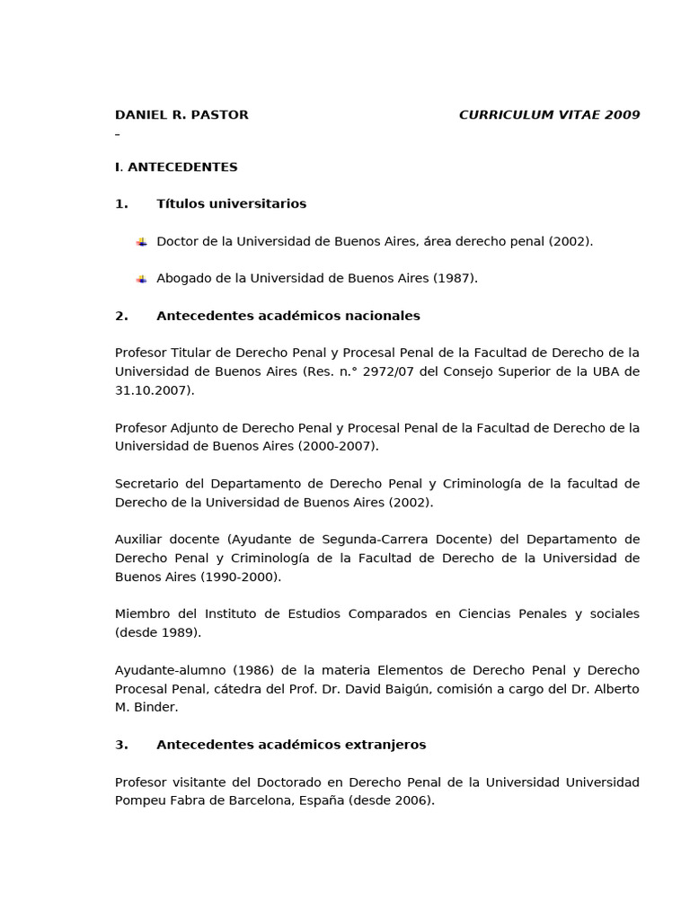 Curriculum Vitae de Daniel R. Pastor | PDF | Derecho penal | Caso de ley