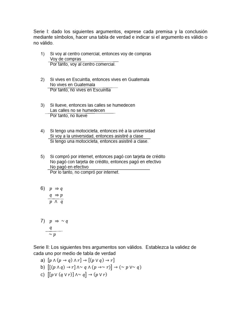 Hoja de Ejercicios Validez de Argumentos Por Tablas de Verdad | PDF