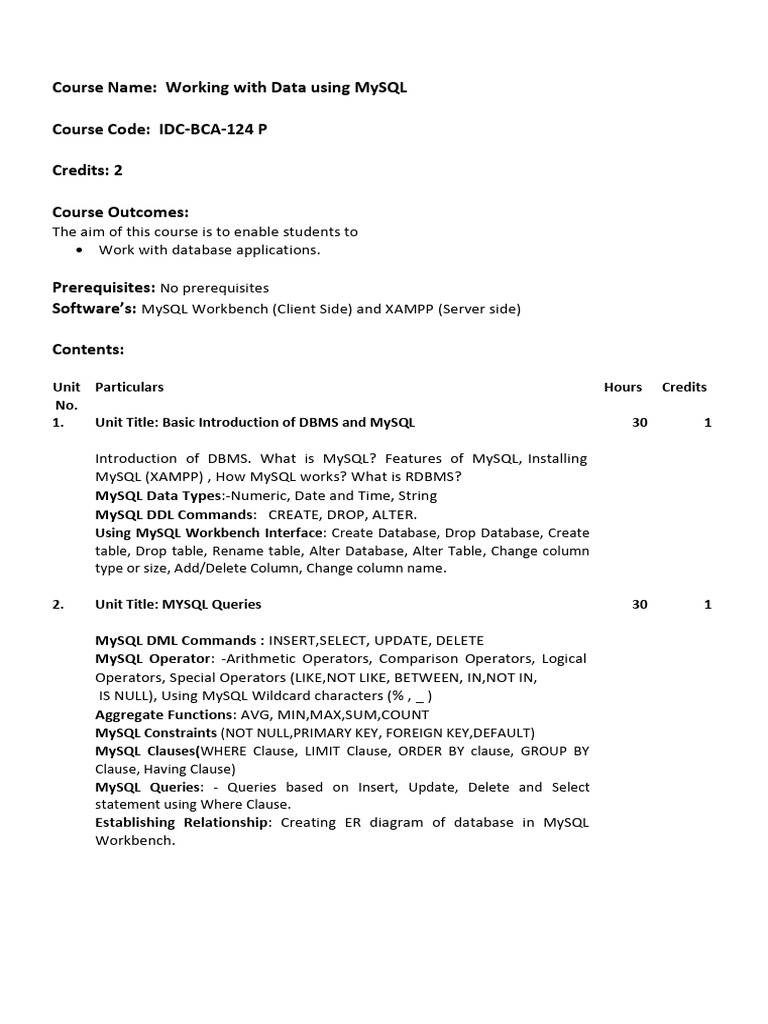 Sem2_IDC_BCA-124 P Working With Data Using MySQL_revised (1) (1) | PDF | My Sql | Databases
