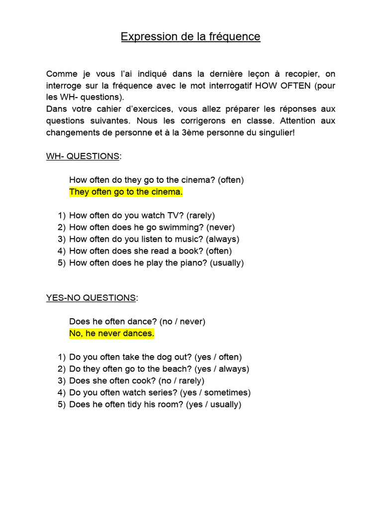Exercices Adverbes de Fréquence | PDF