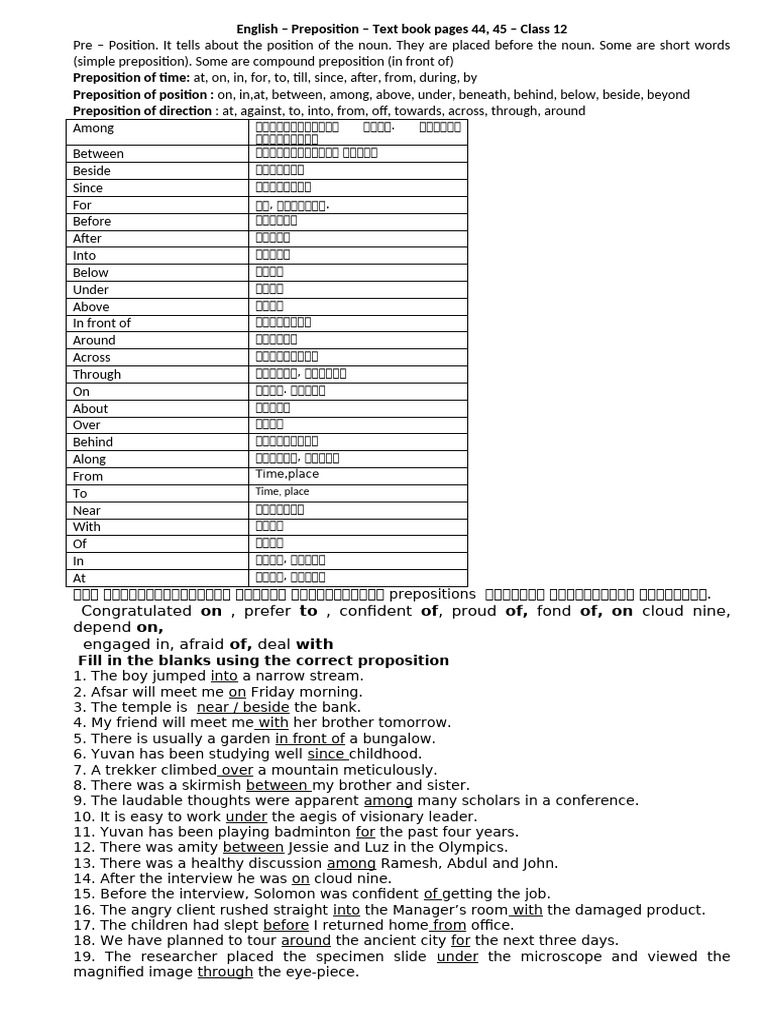 Notes - Preposition CLASS 12 | PDF | Linguistics