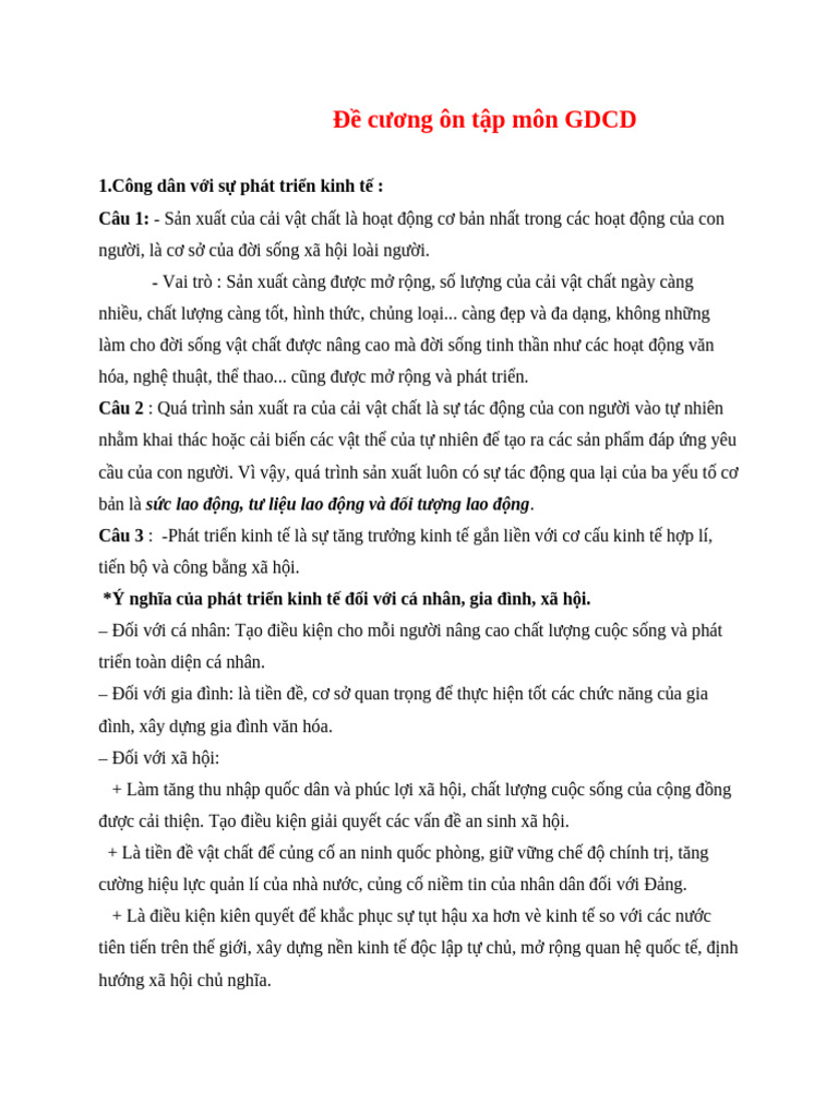 Đề cương ôn tập môn GDCD | PDF