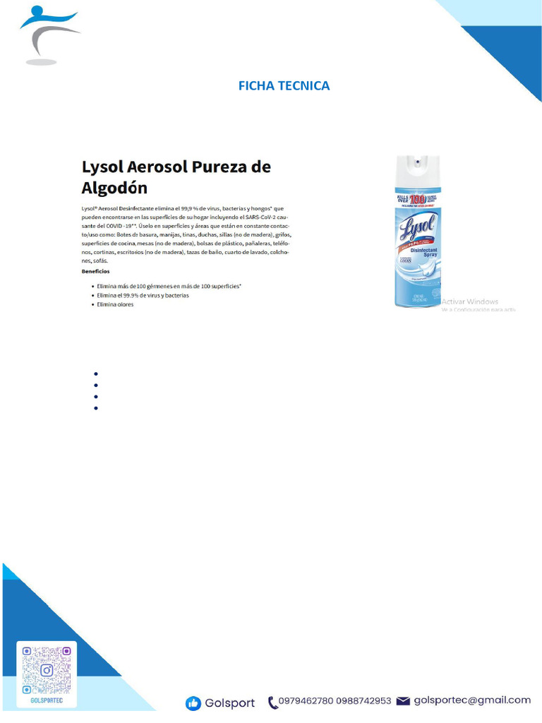 Ficha Tecnica Desinfectante en Spray Lysol | PDF
