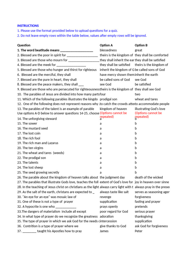 Quiz Format Instructions for Bible Study | PDF | Parables Of Jesus | Prayer