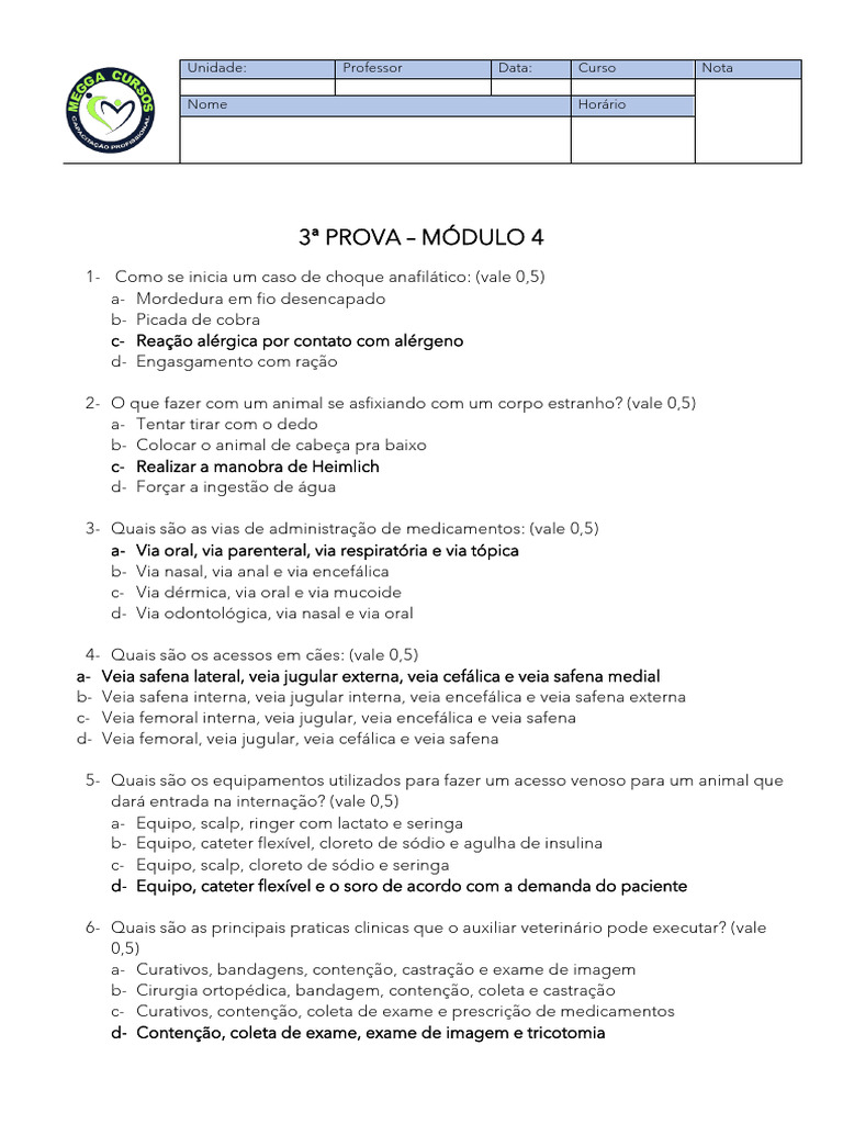 Prova - MODULO 4 - GABARITO | PDF | Veia | Remédio
