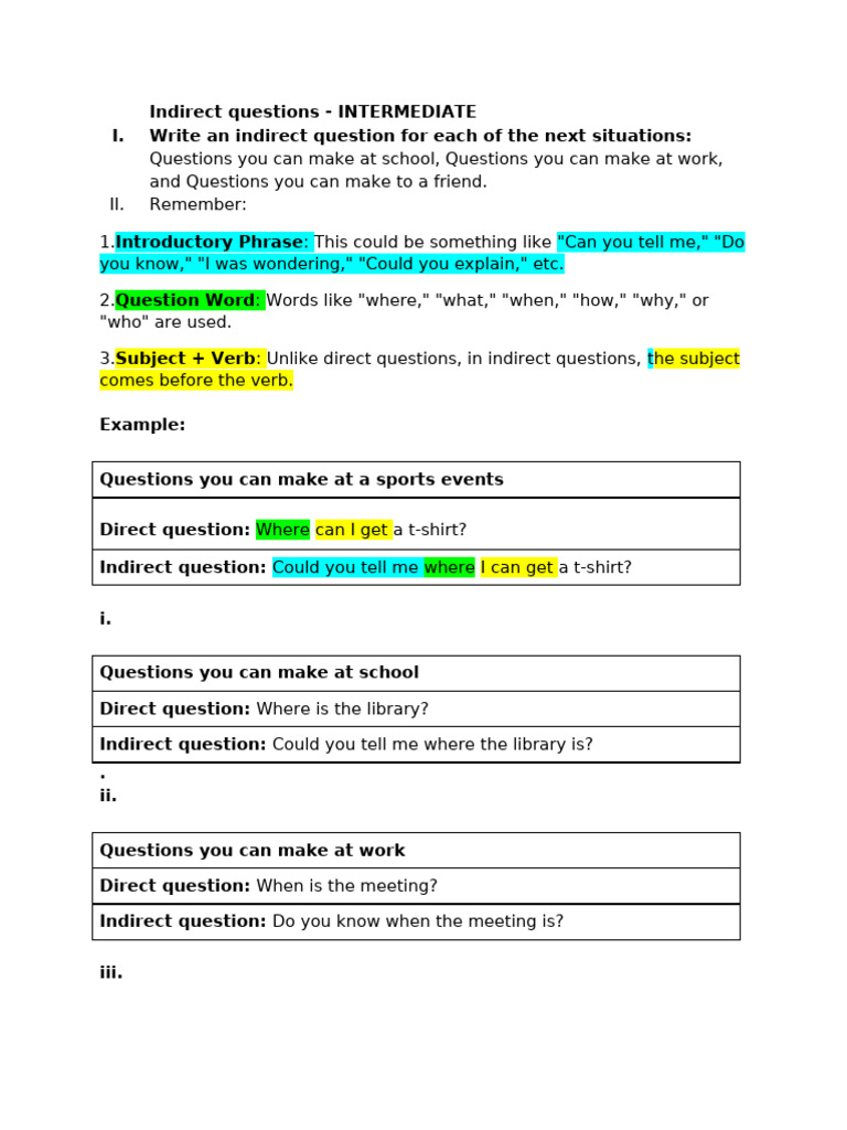 Indirect Questions - INTERMEDIATE COMPLETE | PDF
