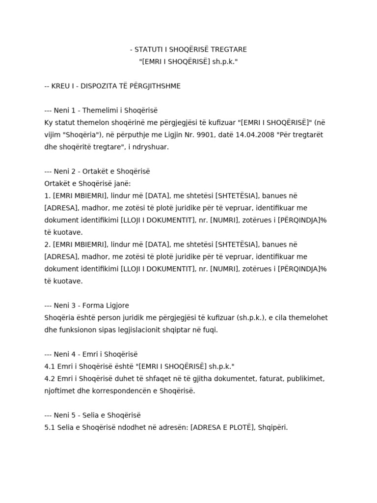 Draft STATUTI I SHOQËRISË TREGTARE | PDF