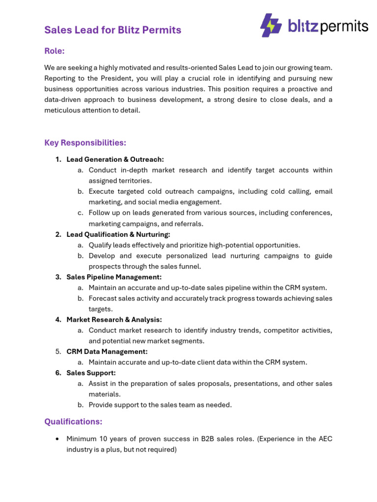Sales Lead Position at Blitz Permits | PDF