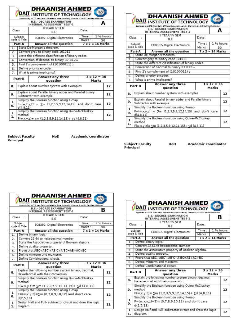 Question Paper IAT-1- DE | PDF | Boolean Algebra | Teaching Mathematics Question Paper IAT-1- DE | PDF | Boolean Algebra | Teaching Mathematics