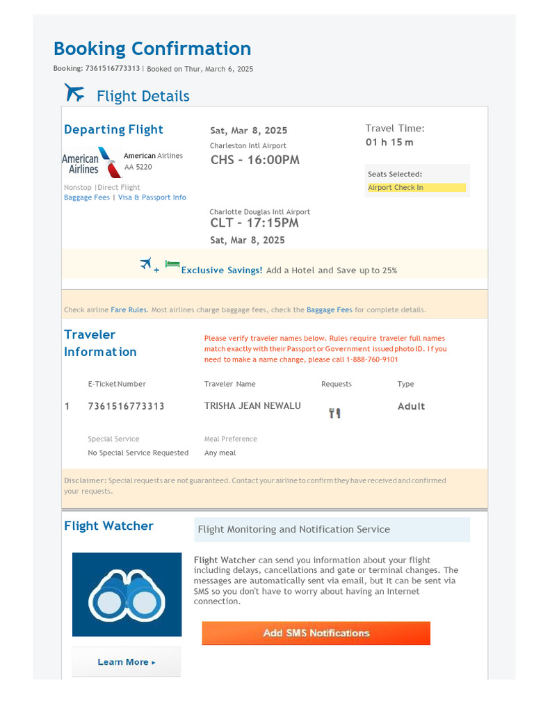 TRISHA JEAN NEWALU FLIGHT BOOKING CONFIRMATION | PDF