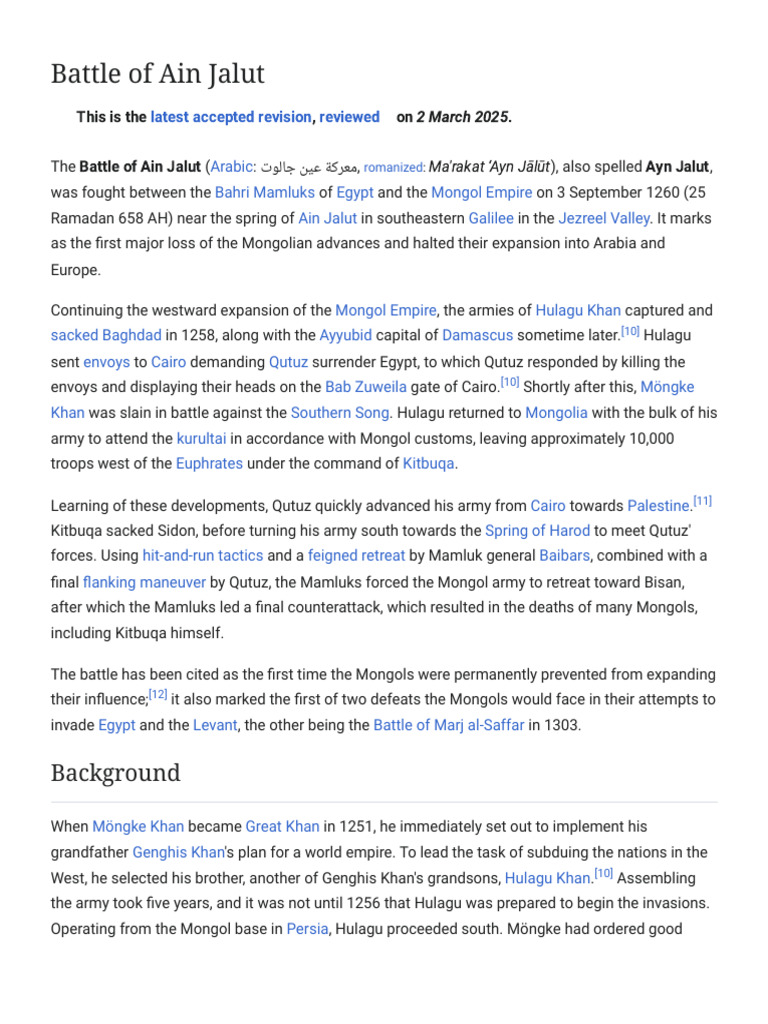 Mamluk Victory at Ain Jalut 1260 | PDF | Medieval Conflicts | Mongol Empire
