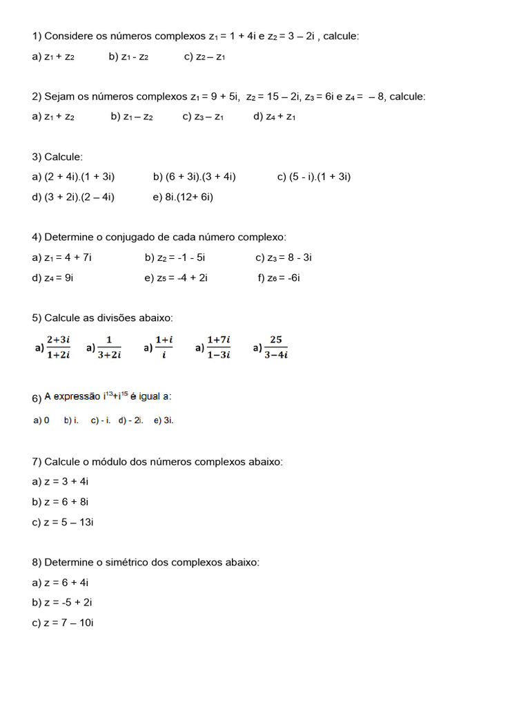 Lista de Números Complexos | PDF