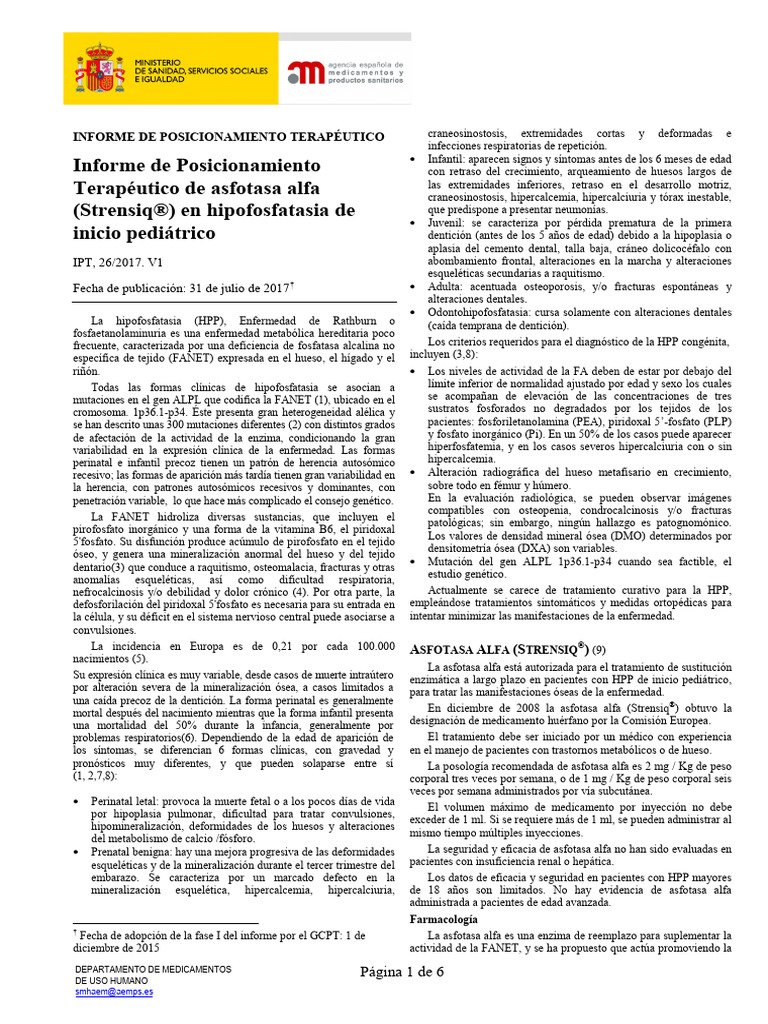 IPT Asfotasa Alfa Strensiq Hipofosfatasia | PDF | Hueso | Medicina