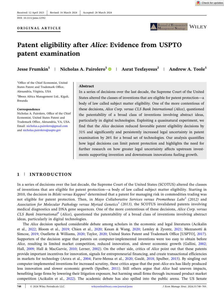 Patent Eligibility Post-Alice: USPTO Insights | PDF | Variance | United ...