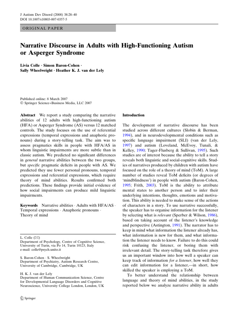 2008 Cole Baron-Cohen VDL J Autism Dev Dis | PDF | Theory Of Mind | Autism