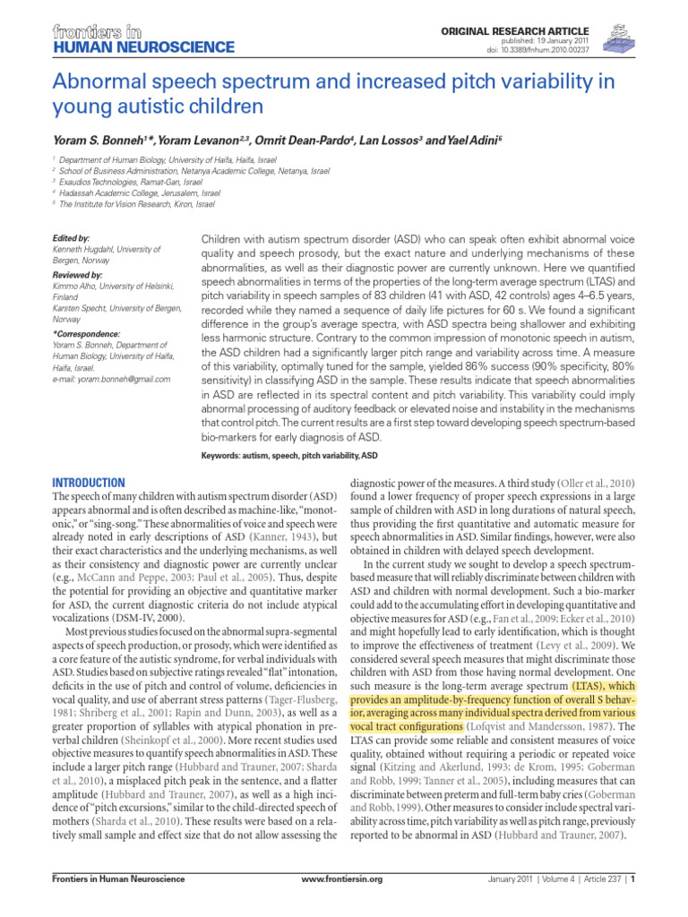 Abnormal Speech Spectrum and Increased Pitch Variability in Young Autistic Children | PDF ...