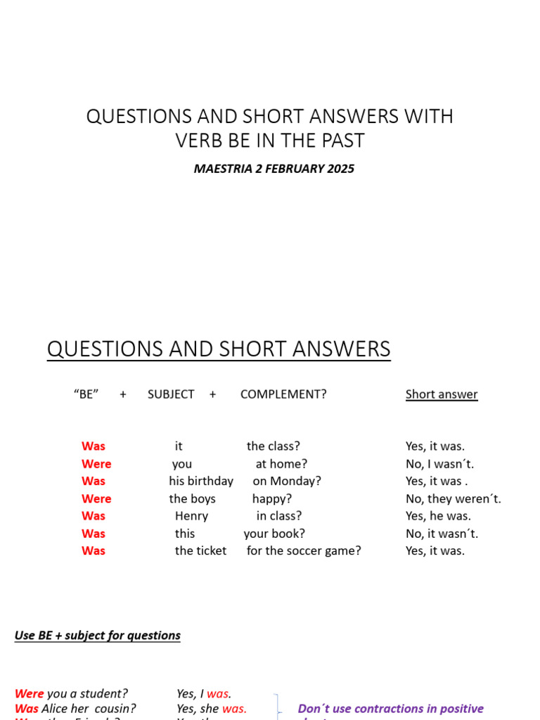 Past Tense "Be" Verb Questions Guide | PDF