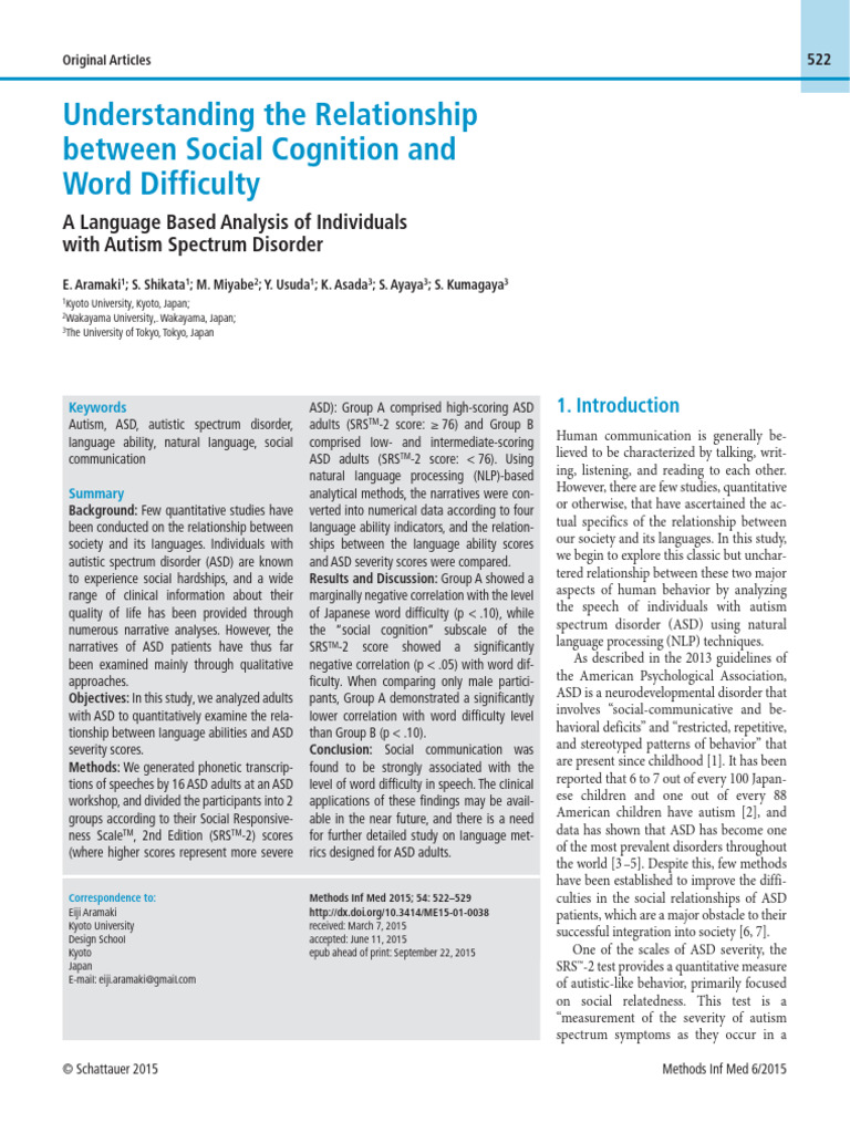 Understanding the Relationship Between Social Cognition and Word Difficulty | PDF | Autism ...