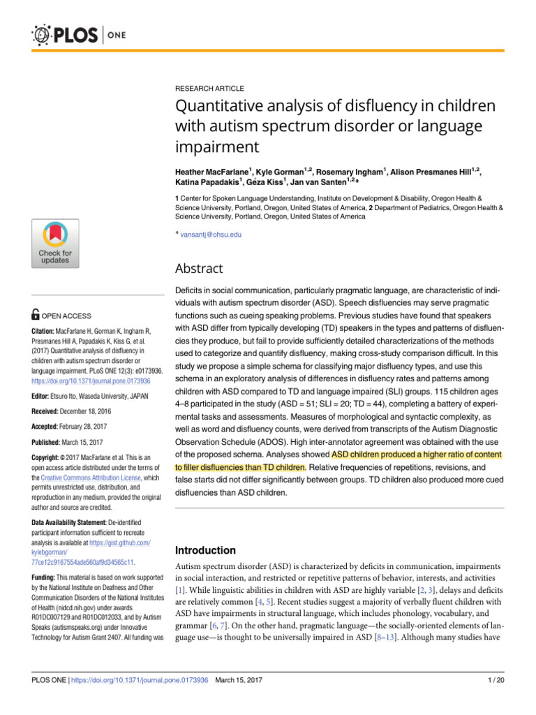 Quantitative Analysis of Disfluency in Children With ASD or Language ...