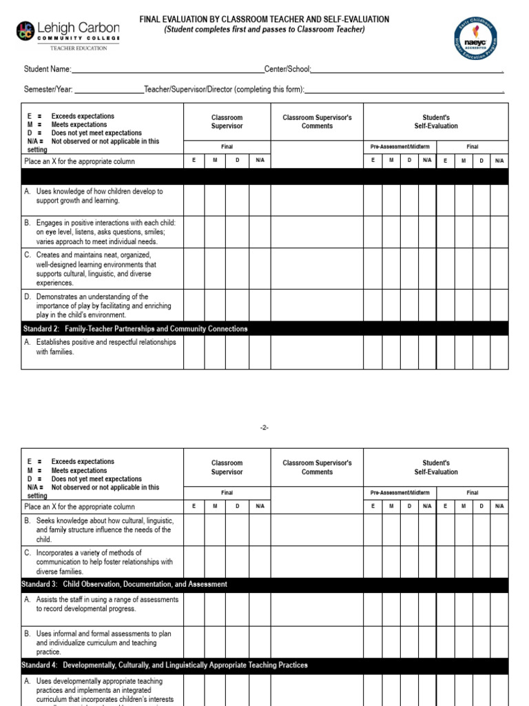 Standard B.2 - Teacher Education Field Experience Evaluation Form | PDF | Teachers | Learning