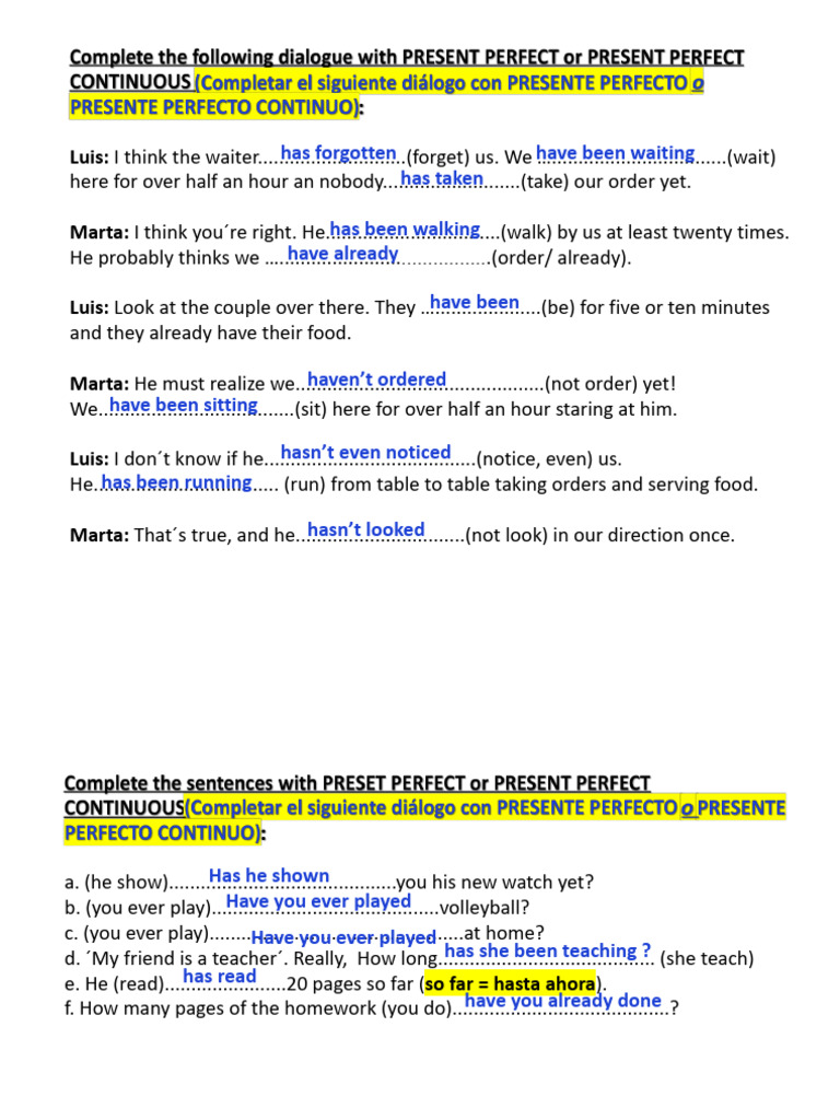 Presente Perfecto y Presente Perfecto Continuo, - Ejerc... Trimestre I 2025 Final | PDF