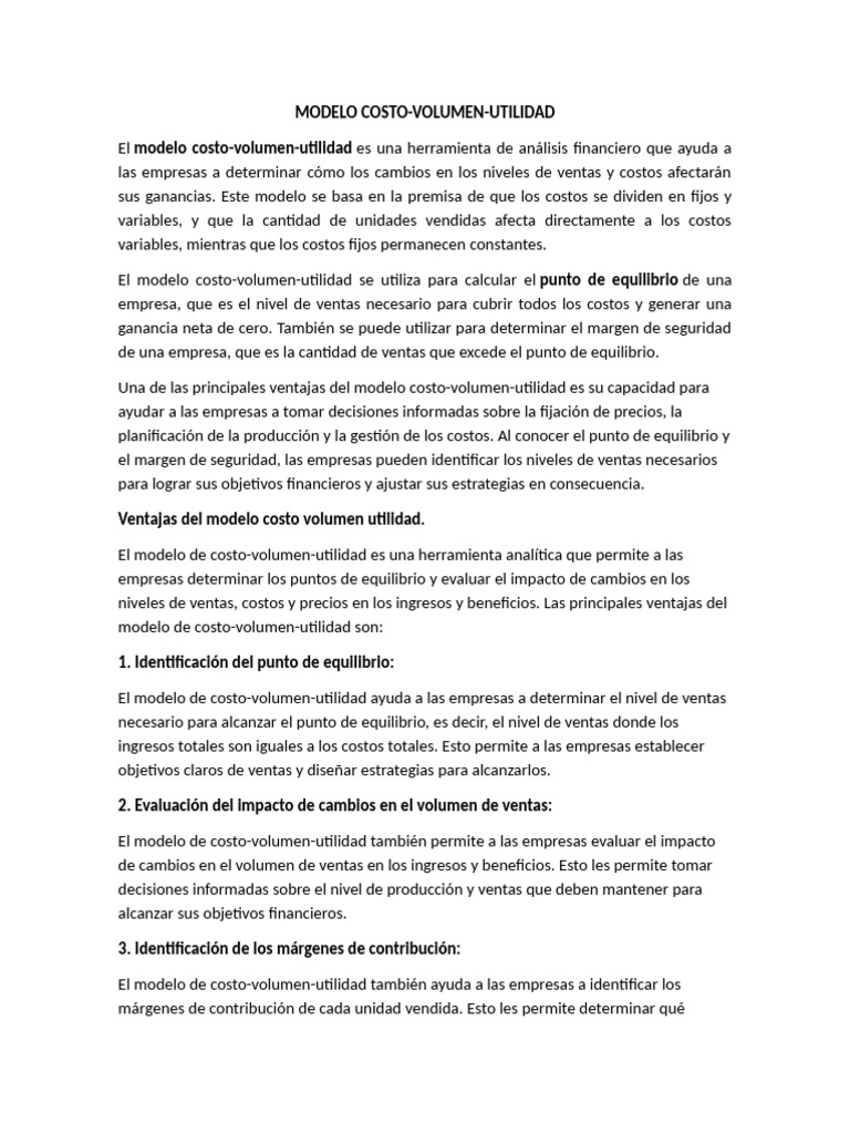 Modelo Costo - Volumen-Utilidad | PDF | Negocios económicos | Business