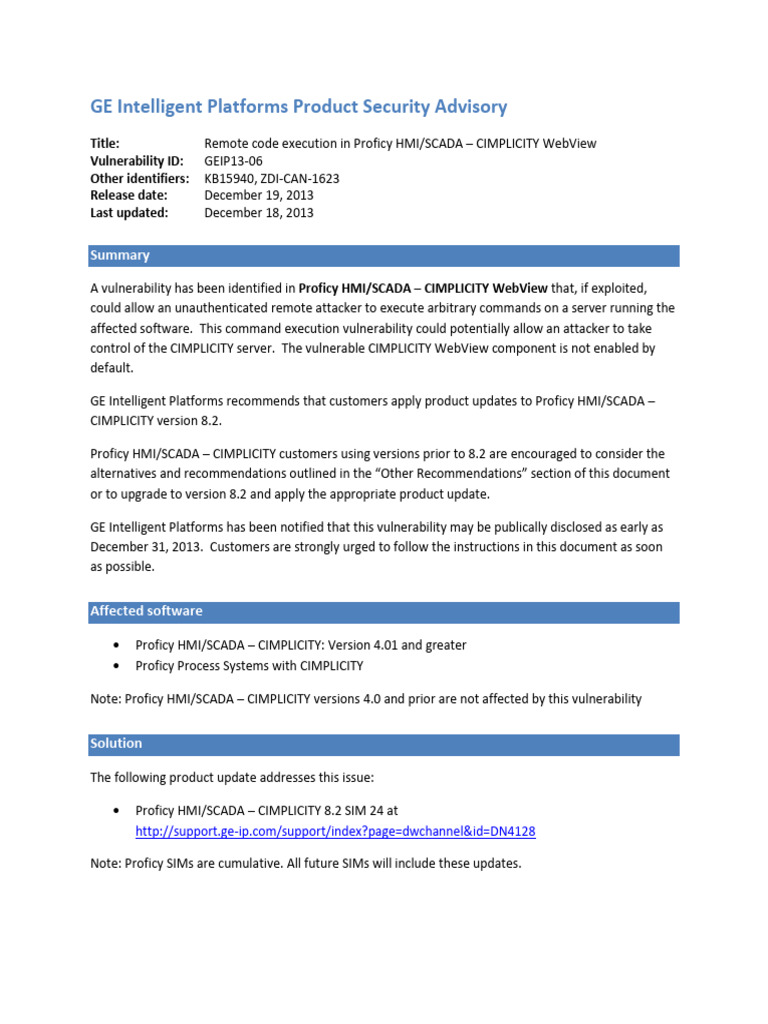 GEIP13 06 Security Advisory Proficy CIMPLICITY WebView Remote Code Exec | PDF | Scada | Internet ...