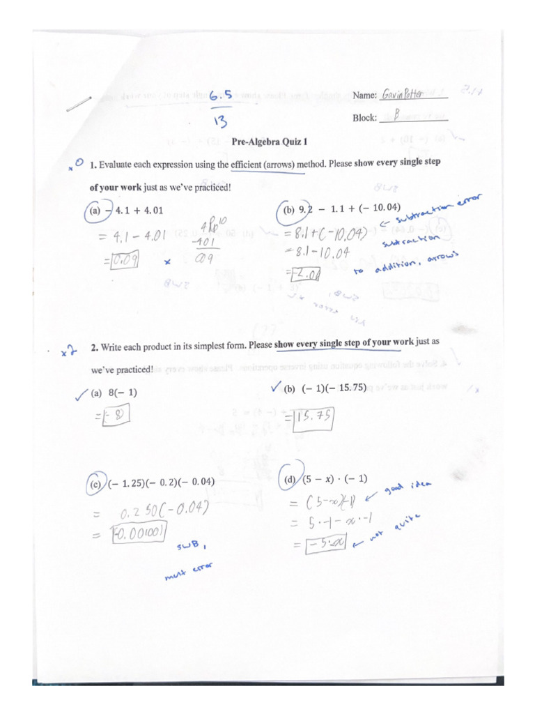 Pre-Algebra Quiz 1 | PDF