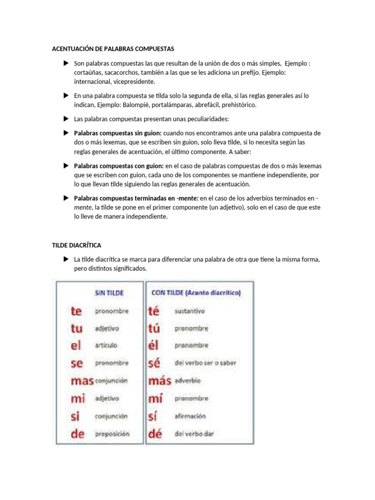 ACENTUACIÓN DE PALABRAS COMPUESTAS y Tilde Diacritica | PDF