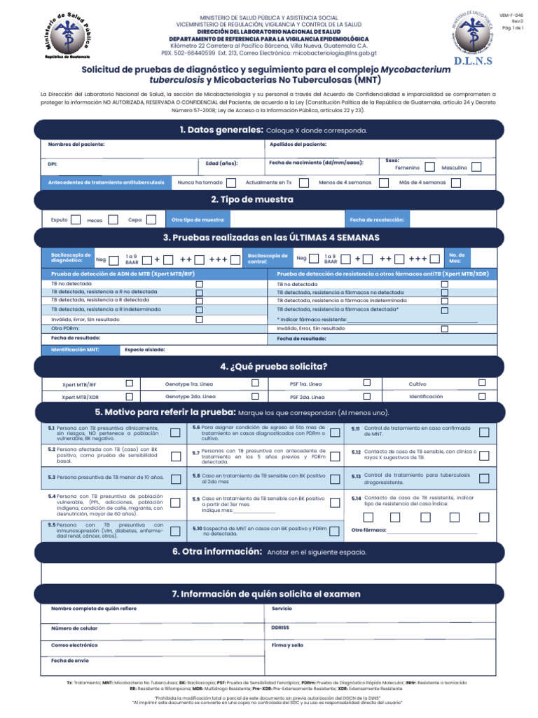 Formato Solicitud de Pruebas de Diagnóstico y Seguimiento TB 2025 | PDF | Tuberculosis ...