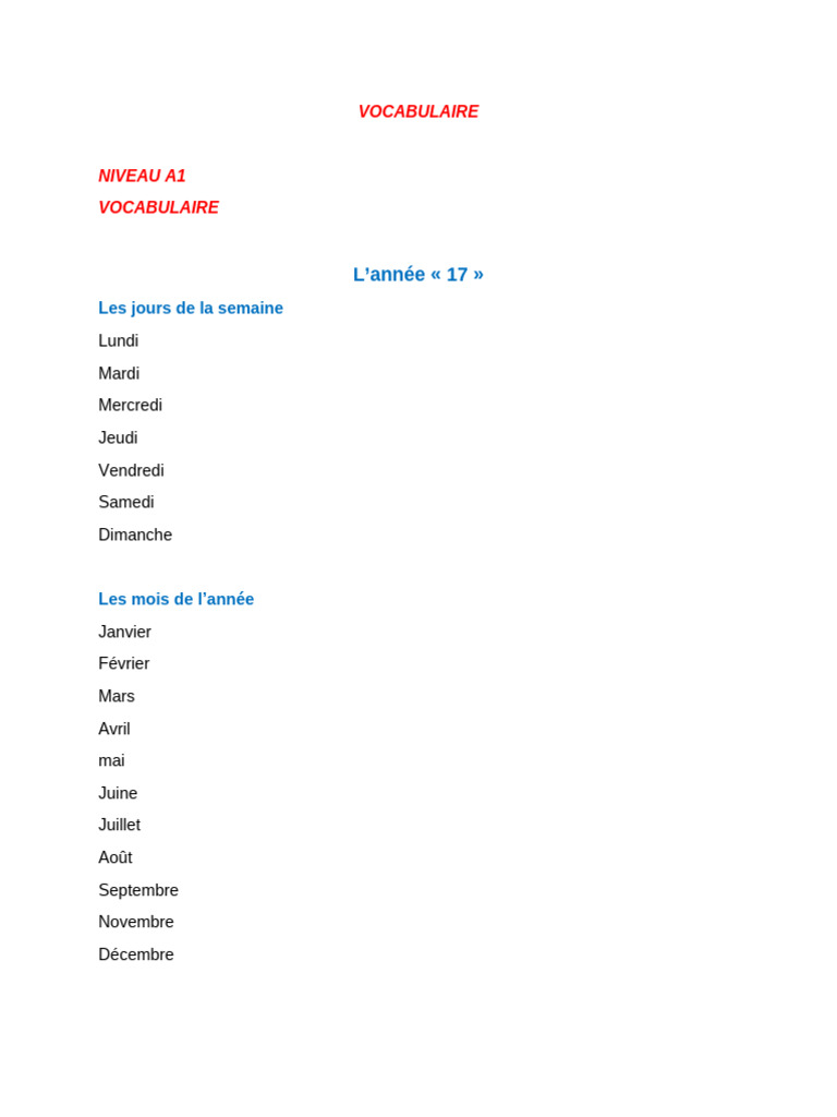 Vocabulaire Français Niveau A1 | PDF | Doctorat | Liseuse