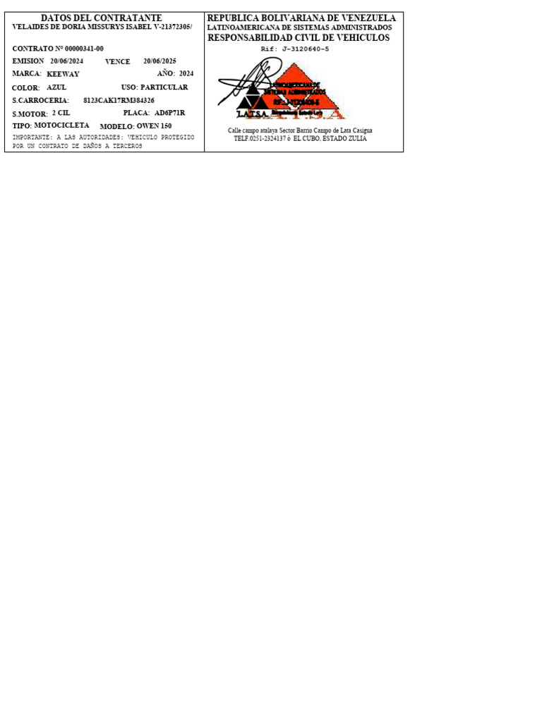 Formato de Seguro RCV para Motocicletas | PDF