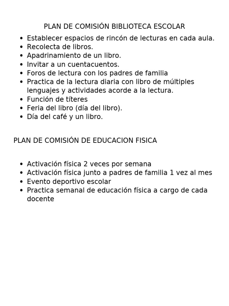 Plan de Comisión Biblioteca Escolar y Educación Fisica | PDF