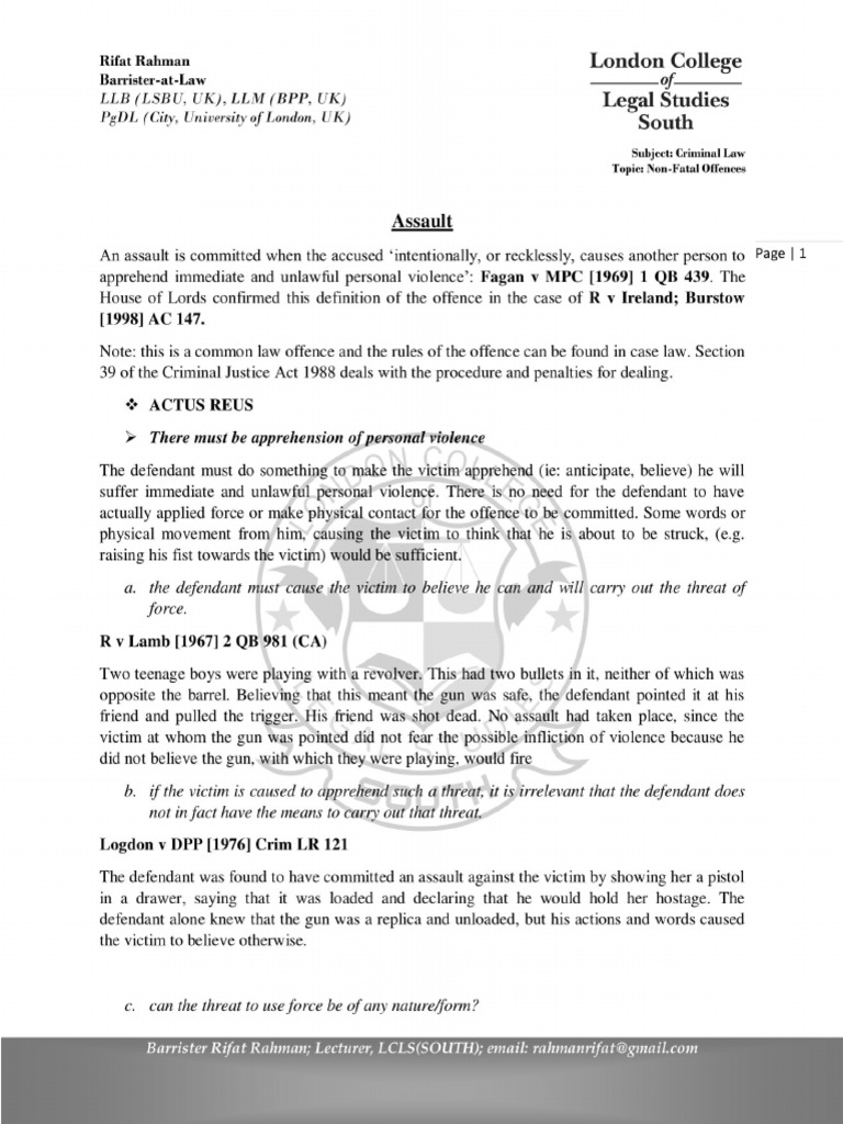Non Fatal Offences Handouts - 2019 (Online Version) | PDF