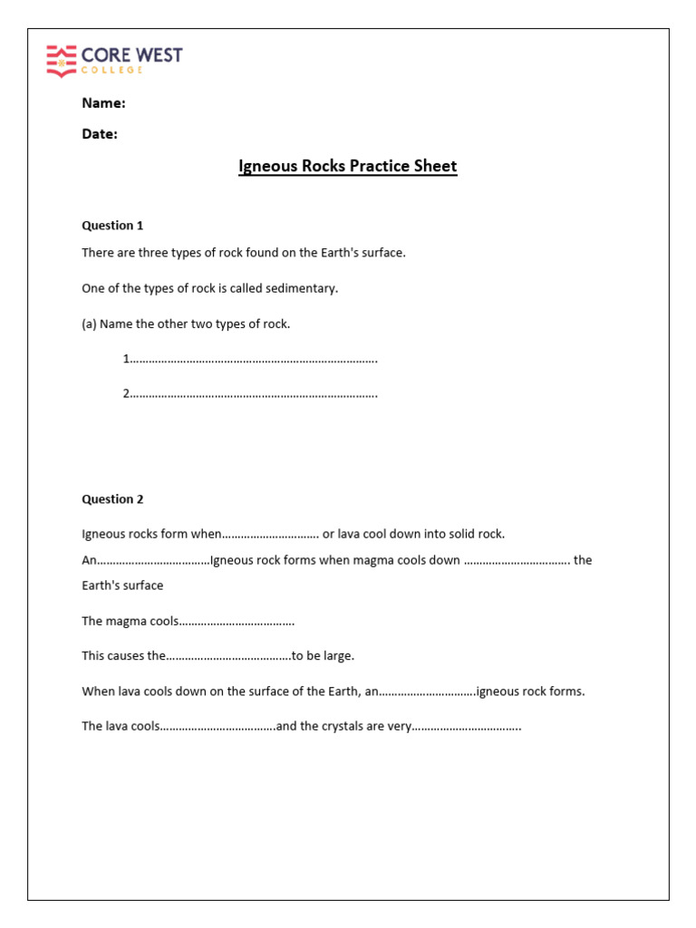 Igneous Rocks Worksheet | PDF