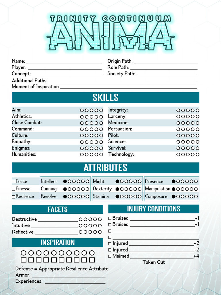 Trinity Continuum - Anima - Character Sheet_CJaKRp | PDF