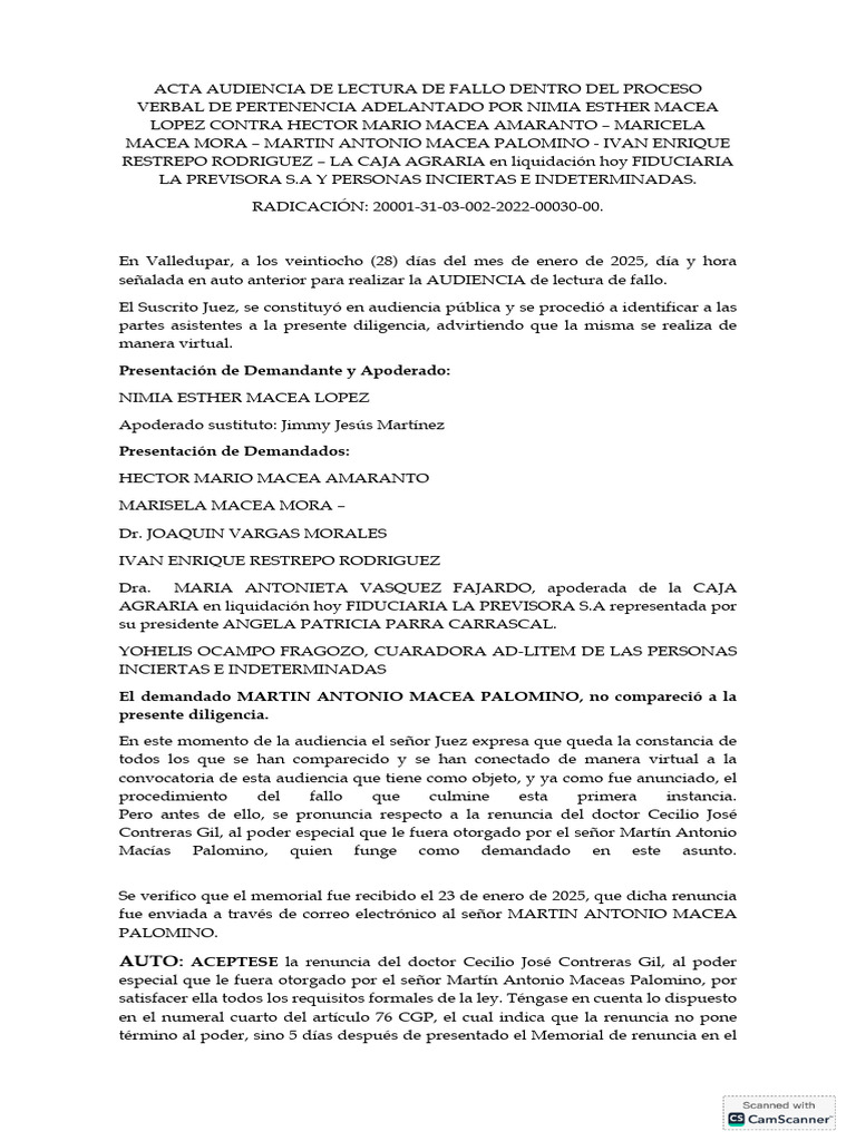 98ActaAudiencia28 01 2025 | PDF | Posesión adversa | Posesión (Ley)