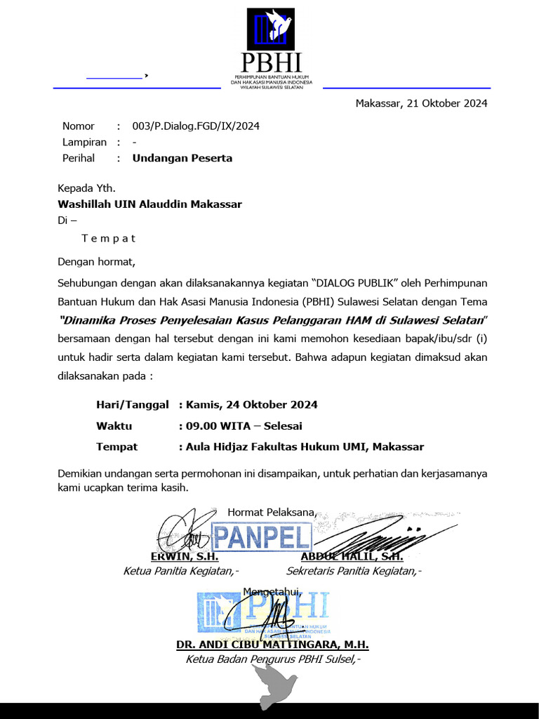 4 UNDANGAN PESERTA DIALOG Washillah UIN Alauddin - 241101 - 223506 | PDF