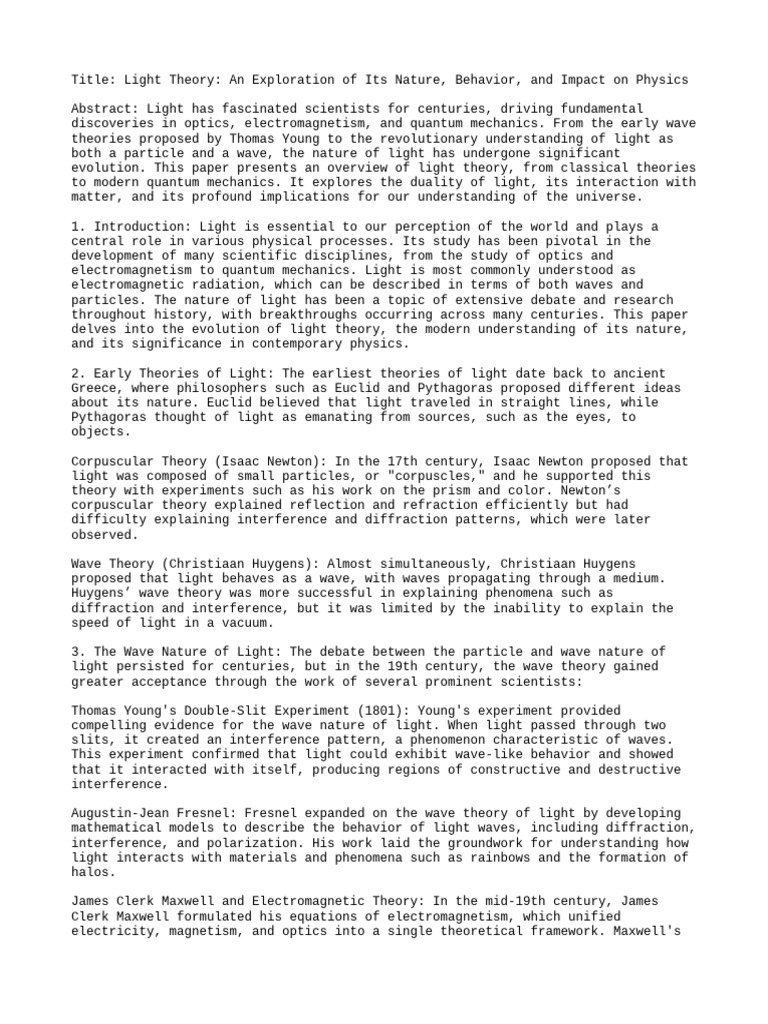Light Theory Research Paper | PDF | Light | Photon