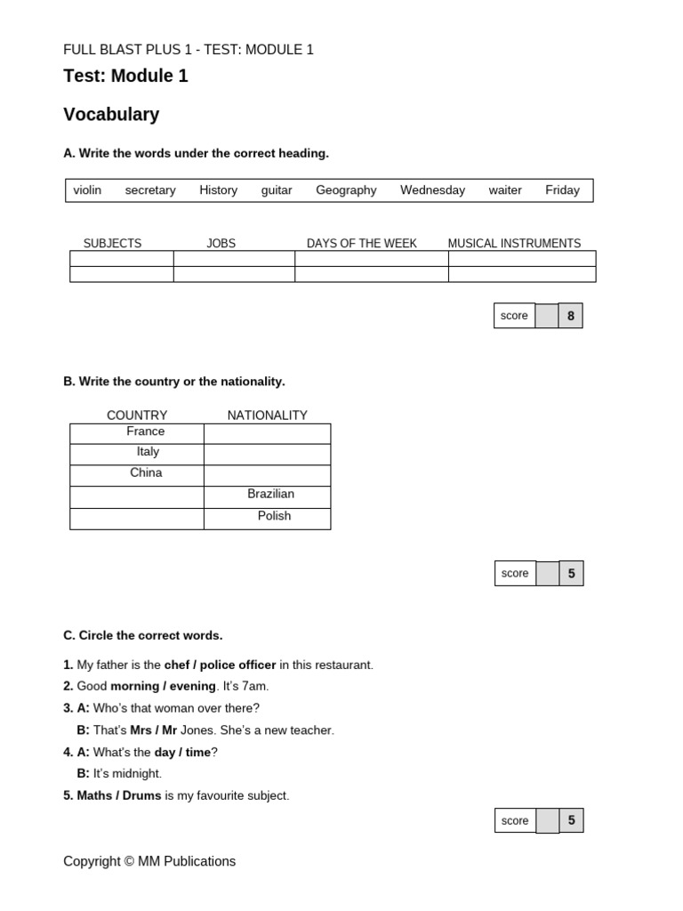 Full Blast PLUS 1 Test 1 | PDF