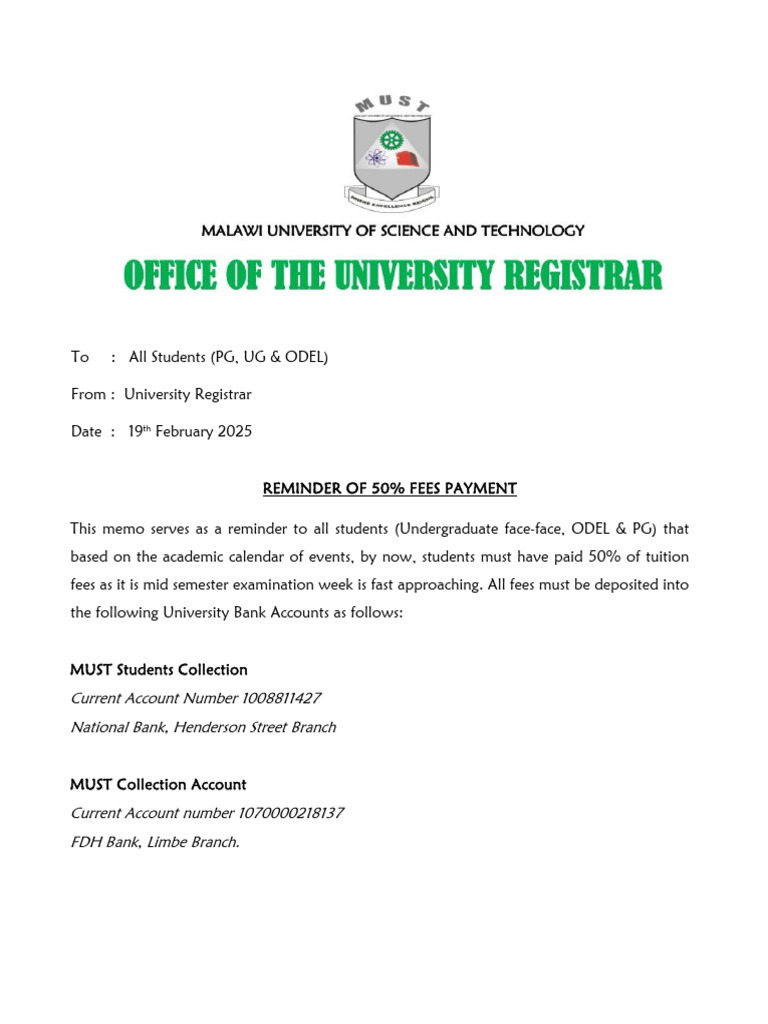 Memo To Students On 50% 190225 Fees Payment | PDF