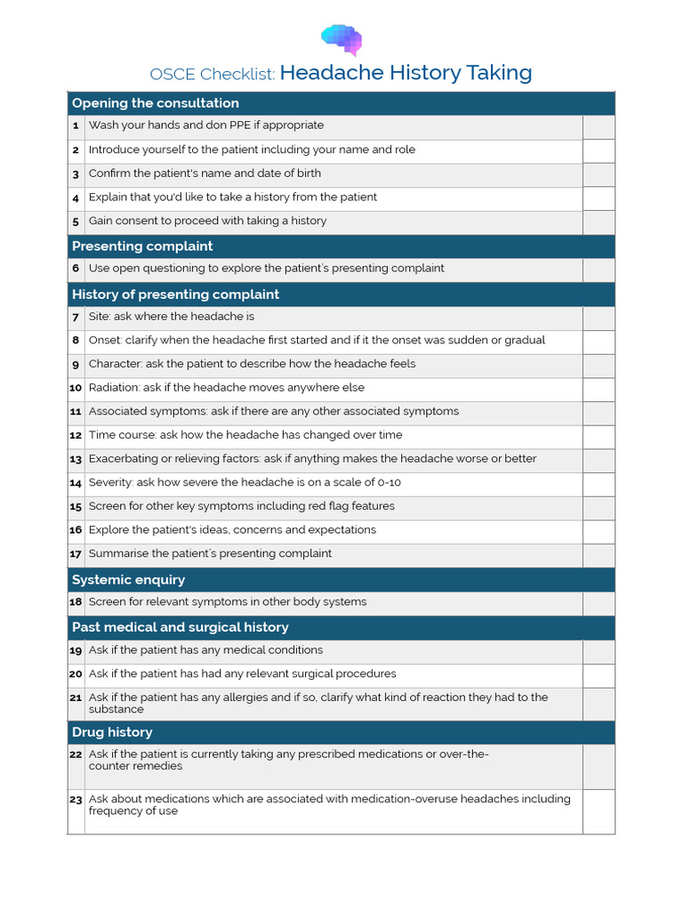 OSCE Checklist Headache History Taking | PDF | Headache | Patient