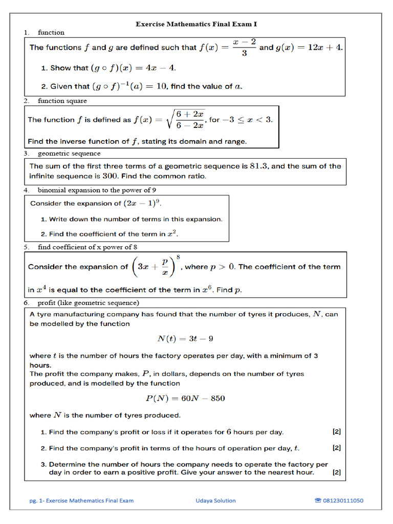Exercise Mathematics Final Exam I | PDF