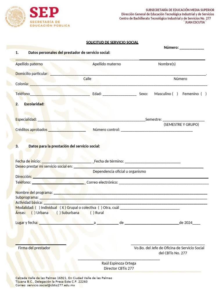 Solicitud y Informe de Servicio Social CBTis 277 | PDF