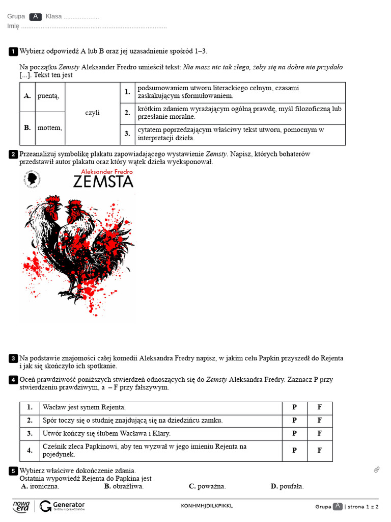Aleksander Fredro, Zemsta" Test (Bez Widocznej Punktacji) | PDF