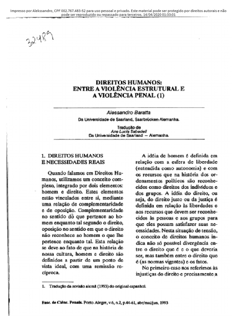 BARATTA, Alessandro - Direitos Humanos Entre A Violência Estrutural e A ...