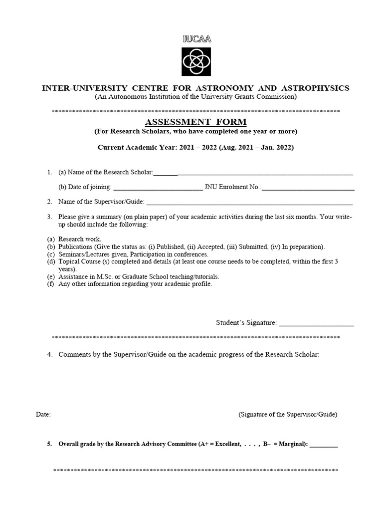 Research Scholar Assessment Form 2021-22 | PDF