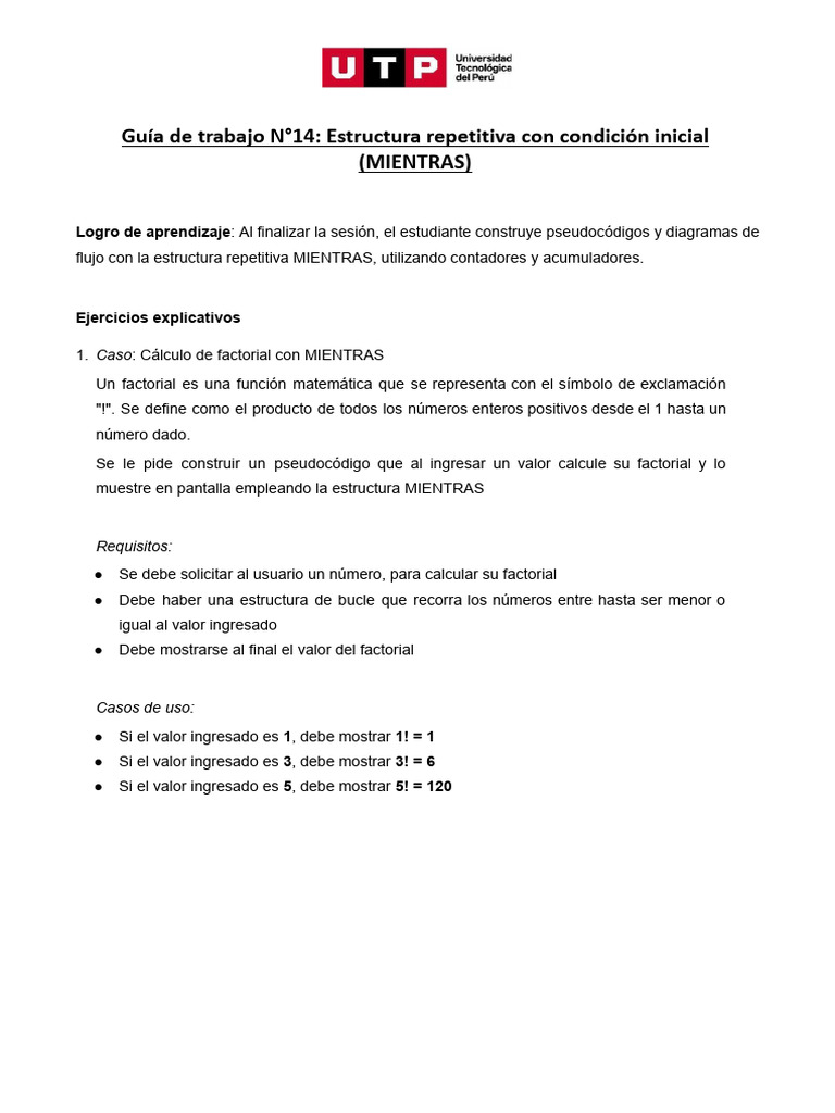 Guía de Trabajo N°14 - Estructura Repetitiva Con Condición Inicial (MIENTRAS) | PDF ...