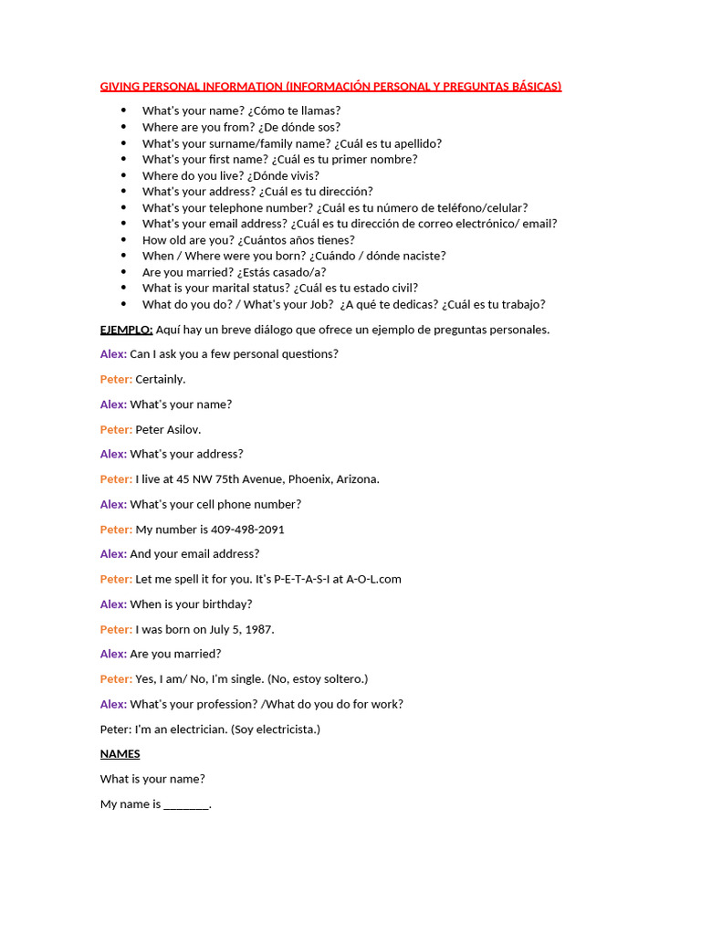 Personal Information Questions Guide | PDF